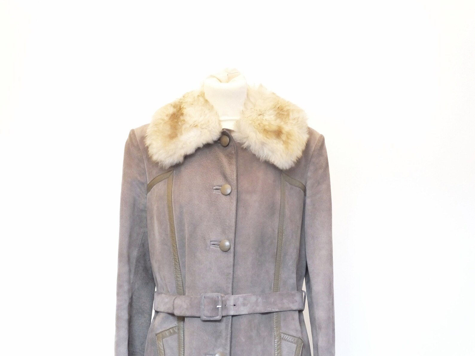 1970s French Suede Taupe Overcoat With Fox Fur Collar, Padded Lining ...