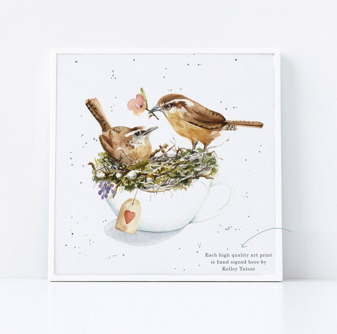 Carolina Wrens With Coral Flower in Tea Cup Watercolor 8x8 - Etsy