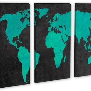 Turquoise World Map Canvas Print Art, 3 Panel Split (triptych). Matte ...