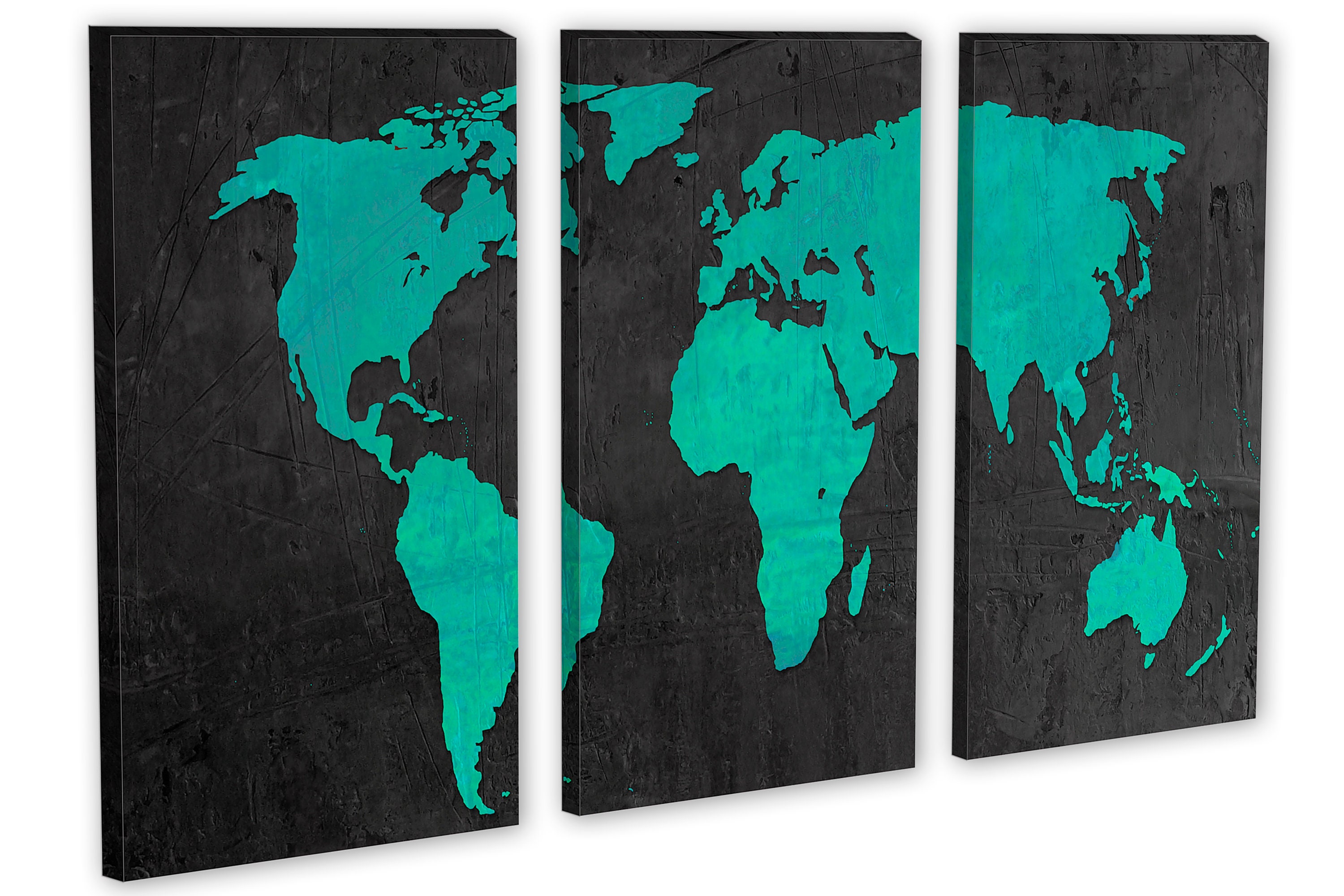 Turquoise World Map Canvas Print Art 3 Panel Split - Etsy