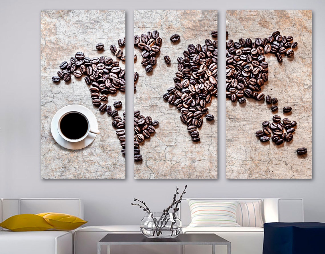 World Map Coffee Bean Canvas Print Wall Art, Coffee Shop Art, Kitchen ...