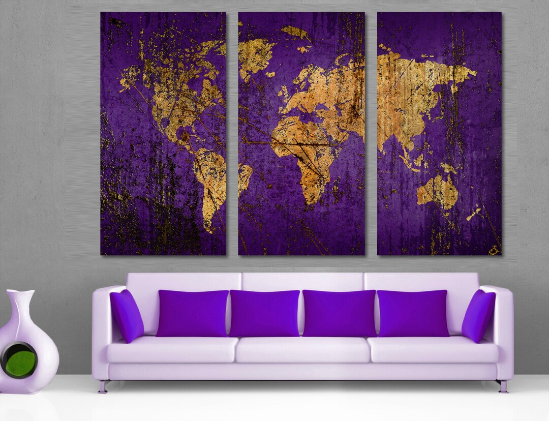 Abstract Purple World Map Canvas Print - 3 Panel Split (triptych). Dark ...