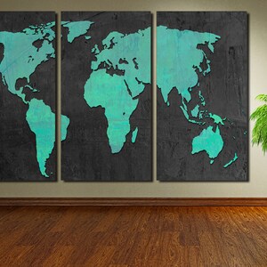Turquoise World Map Canvas Print Art, 3 Panel Split (triptych). Matte ...