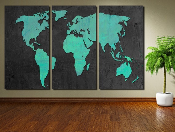 Turquoise World Map Canvas Print Art 3 Panel Split | Etsy