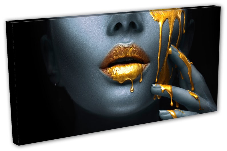 Woman Steel Blue Color Face Canvas Print Wall Art, Golden Paint ...