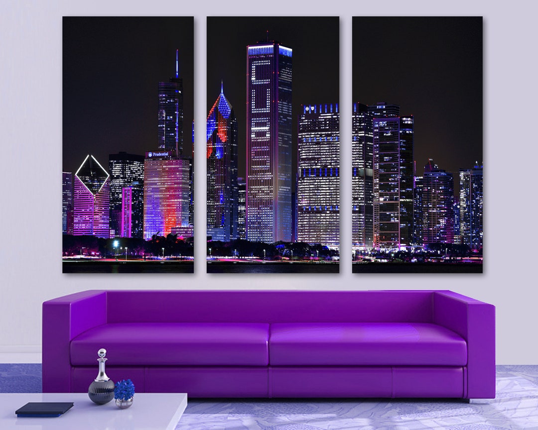 Chicago Night Skyline Canvas Wall Art, Baseball Victory Electric Lights ...