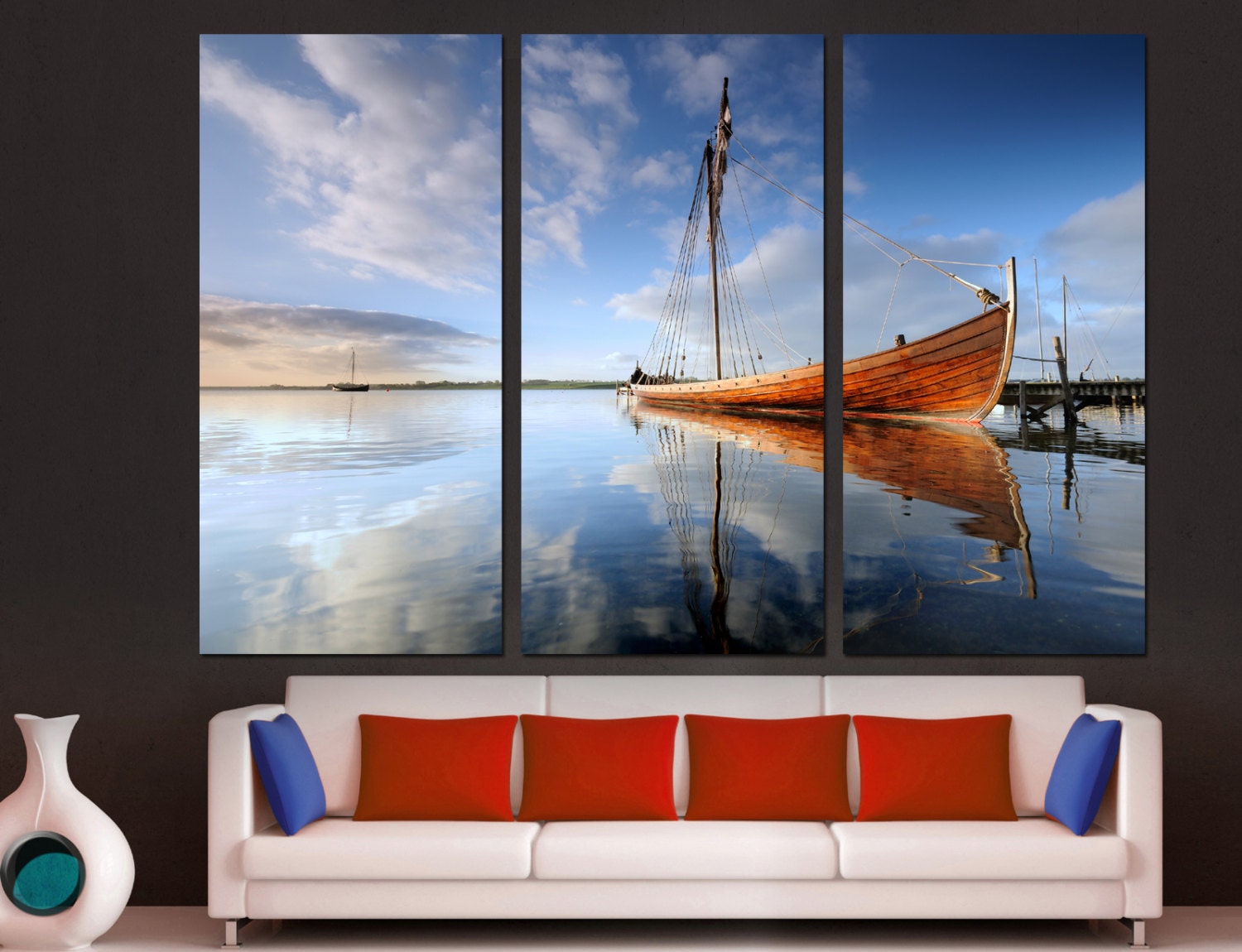 Boat on a Lake Canvas Print 3 Panel Split Triptych. Scenic | Etsy