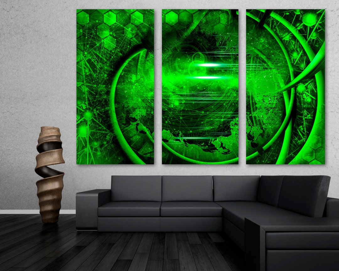 Abstract Technology Concept Wall Art Canvas Print Green Hexagonal ...