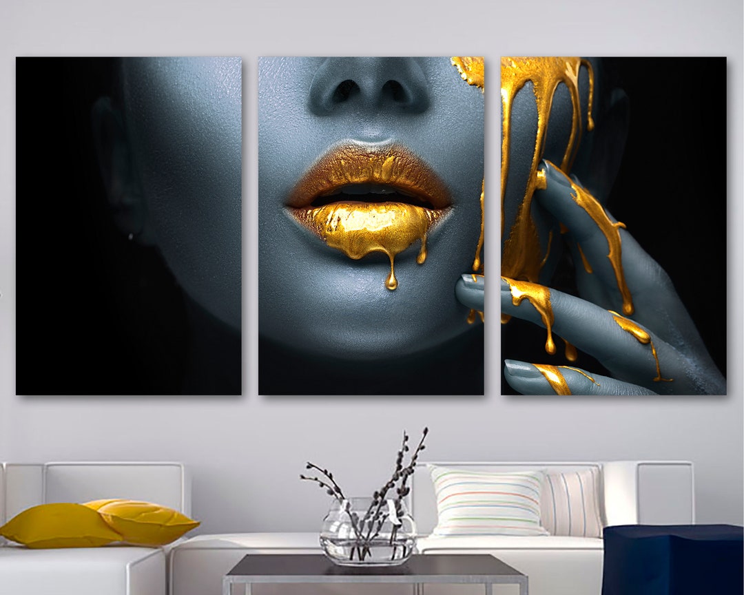 Woman Steel Blue Color Face Canvas Print Wall Art, Golden Paint ...