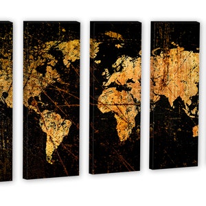 Abstract Black World Map Canvas Print. 3 Panel Split (triptych). Gold ...