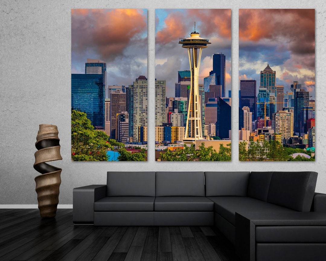 Seattle Skyline Wall Art Canvas Print Orange Clouds. Seattle ...