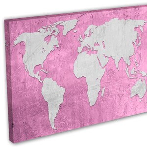 Pink / Pale Plum and Silver World Map Canvas Print. 3 Panel Split ...