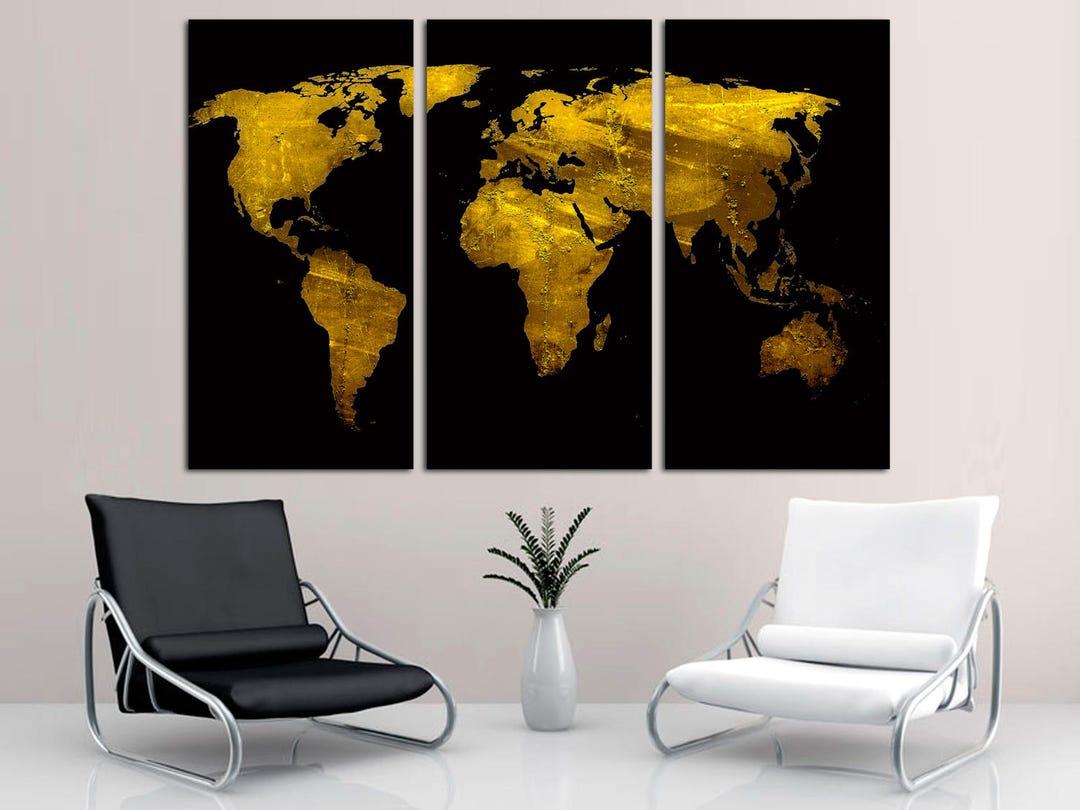 Black, Gold World Map Canvas Print Wall Art. World Map Giclee Print for ...