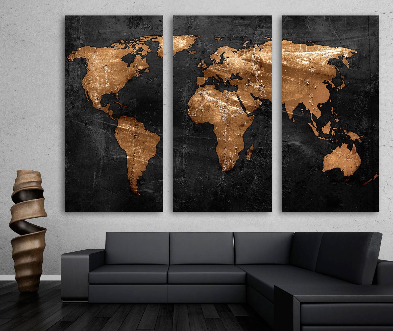 Bronze Black World Map Wall Art Canvas Print 3 Panel Decor. - Etsy