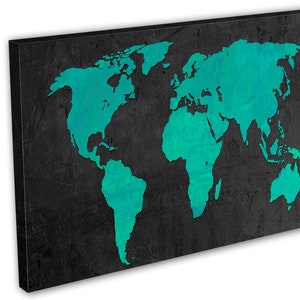 Turquoise World Map Canvas Print Art, 3 Panel Split (triptych). Matte ...