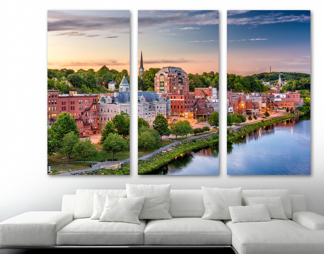 Augusta Maine Skyline Canvas Wall Art at Dusk With Kennebec River ...