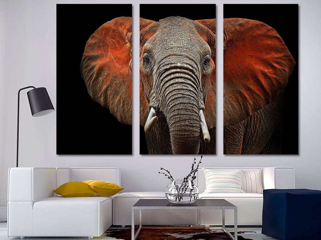 African Elephant Canvas Wall Art, Wildlife Portrait With Red Orange ...