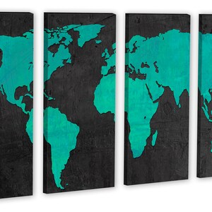 Turquoise World Map Canvas Print Art, 3 Panel Split (triptych). Matte ...