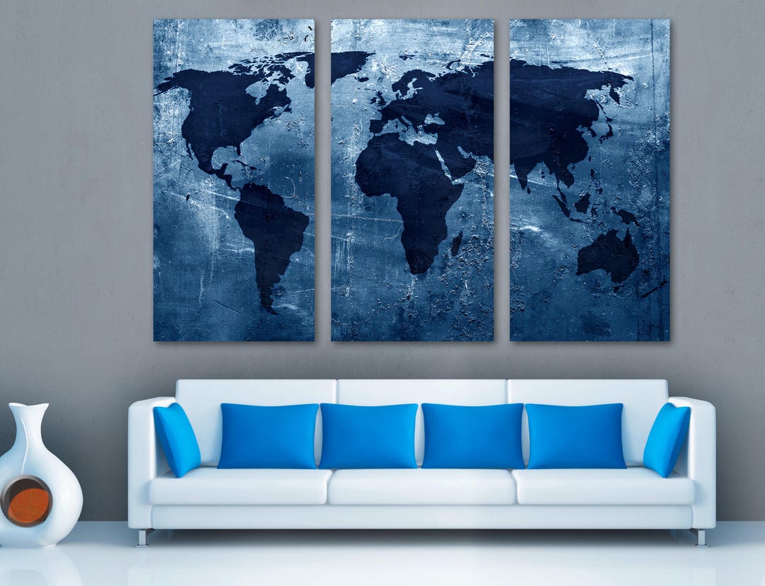 Dark Blue World Map Canvas Print With Grunge Texture for Office or ...