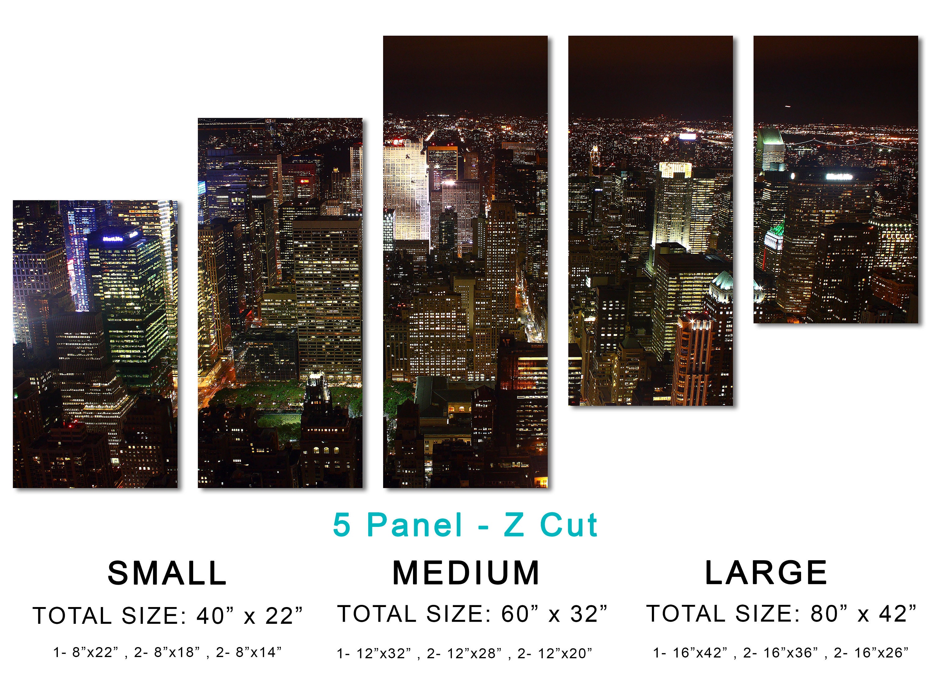 5 Panel Split, New York Skyline at Night Photo on Canvas Print - Multi ...