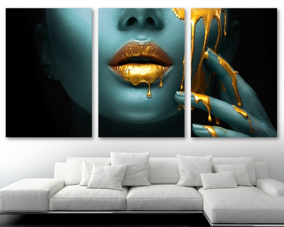 Woman Turquoise Face Wall Art Canvas Print Golden Paint | Etsy