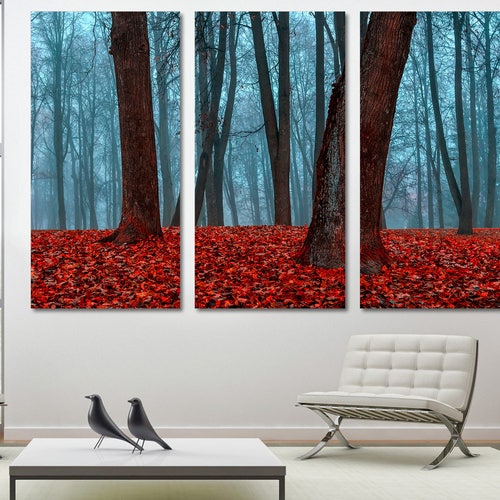 Red Autumn Park Canvas Print 3 Panel Split Triptych. Scenic | Etsy
