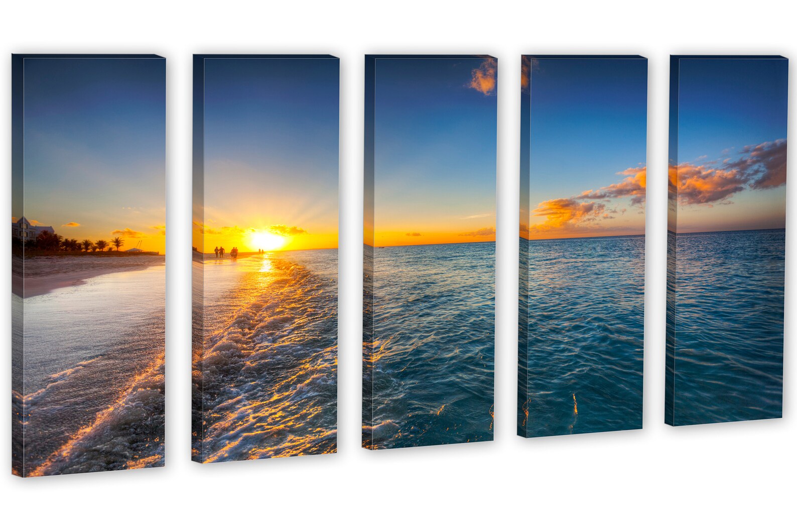 Golden Sunset Beach Canvas Wall Art With Tropical Ocean Waves and Blue ...