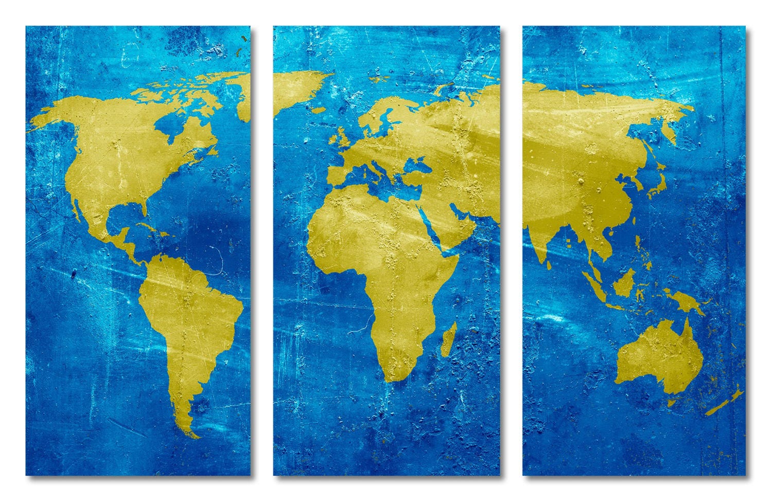 Blue and Yellow World Map Canvas Print. 3 Panel Split - Etsy