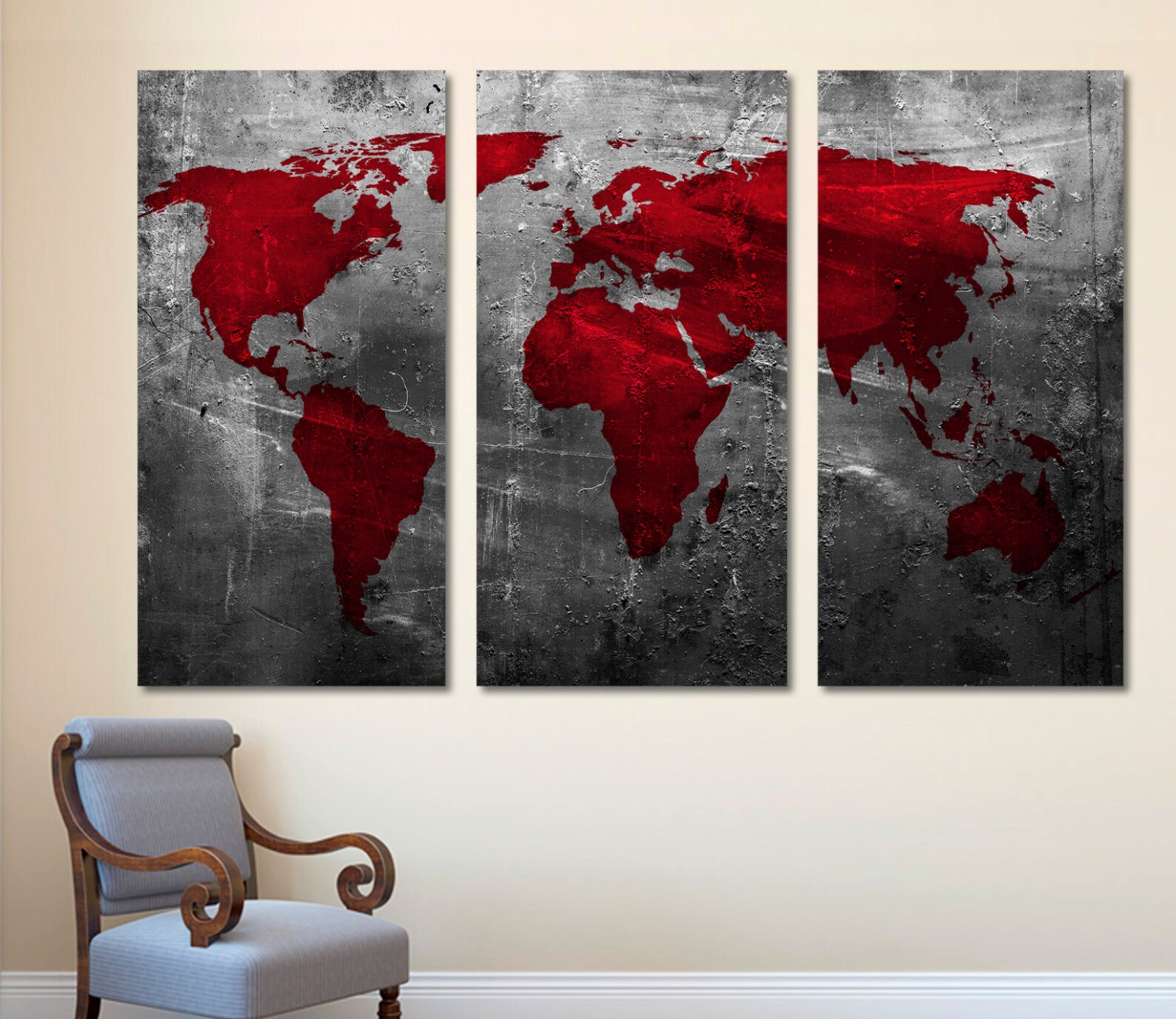Abstract Deep Red World Map Canvas Print Wall Art. World Map Red and ...