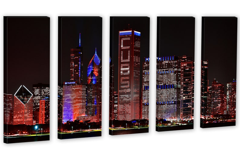 Chicago Night Skyline Canvas Wall Art, Baseball Victory Crimson Lights ...