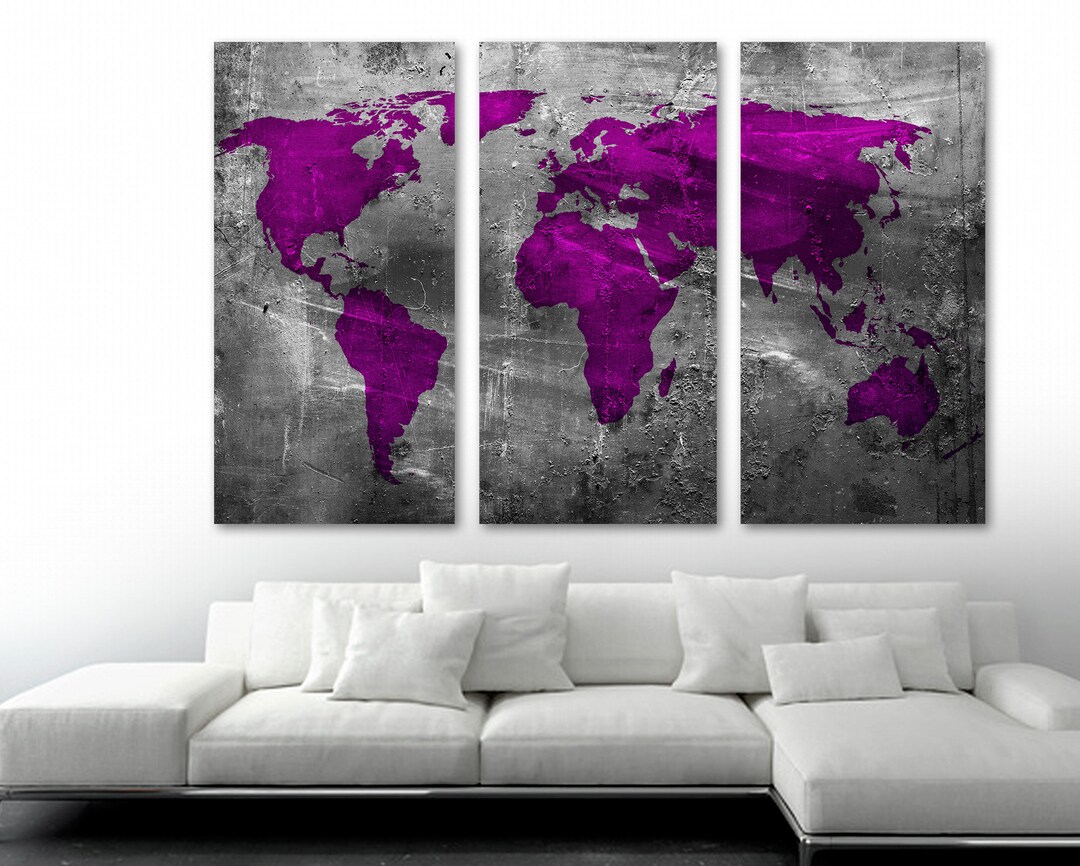 Abstract Purple World Map Canvas Print -3 Panel Split, Triptych. Wall ...