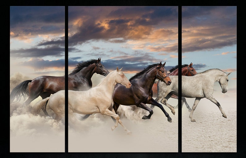 Horses Running in Desert 3 Panel Split Triptych Canvas | Etsy