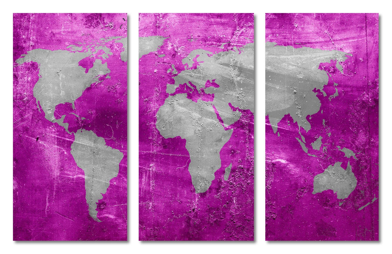 Magenta Pink World Map Wall Art Canvas, Silver Concrete Continents ...