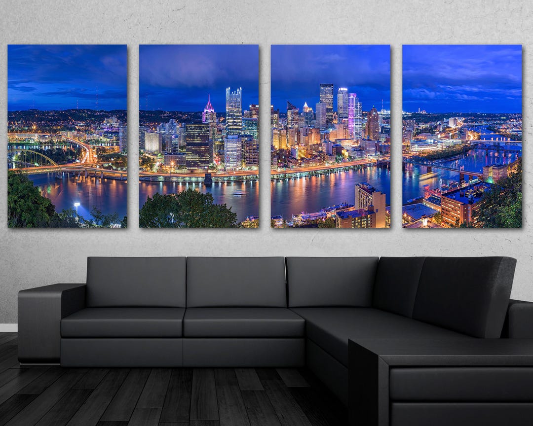 Panoramic Pittsburgh Skyline Canvas Wall Art Print at Dusk. Aerial View ...