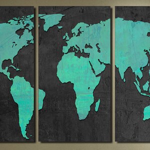 Turquoise World Map Canvas Print Art, 3 Panel Split (triptych). Matte ...