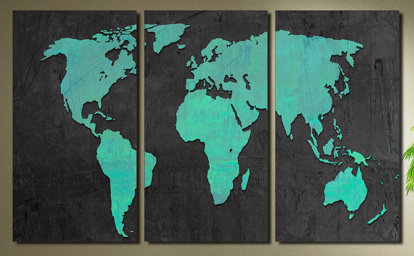 Turquoise World Map Canvas Print Art 3 Panel Split | Etsy