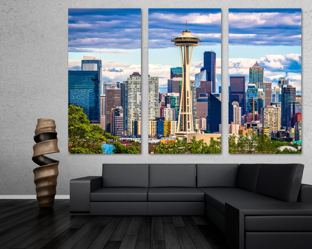 Seattle Skyline Canvas Print Wall Art White Clouds, Blue Skies. Seattle ...