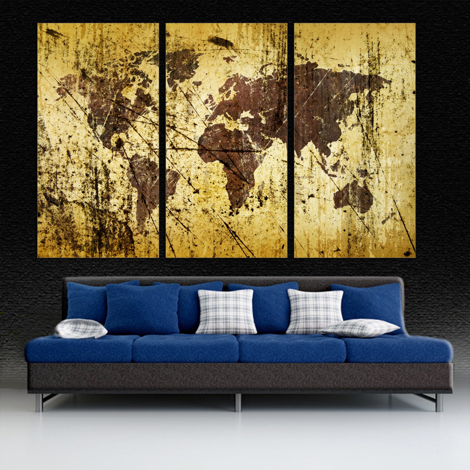 Grunge World Map Canvas Art Print in Aged Gold and Earth Tones for ...