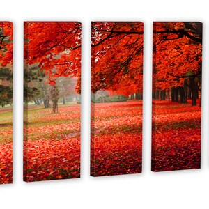 Red Autumn Park Canvas Print, 3 Panel Split, Triptych. Scenic Fall ...