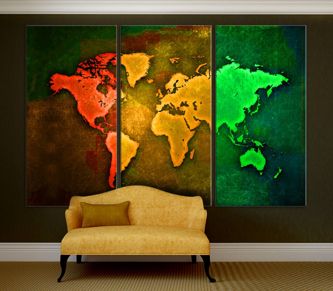 Pop Art World Map, Triptych Canvas Print, 3 Panel Split. Wall Art for ...