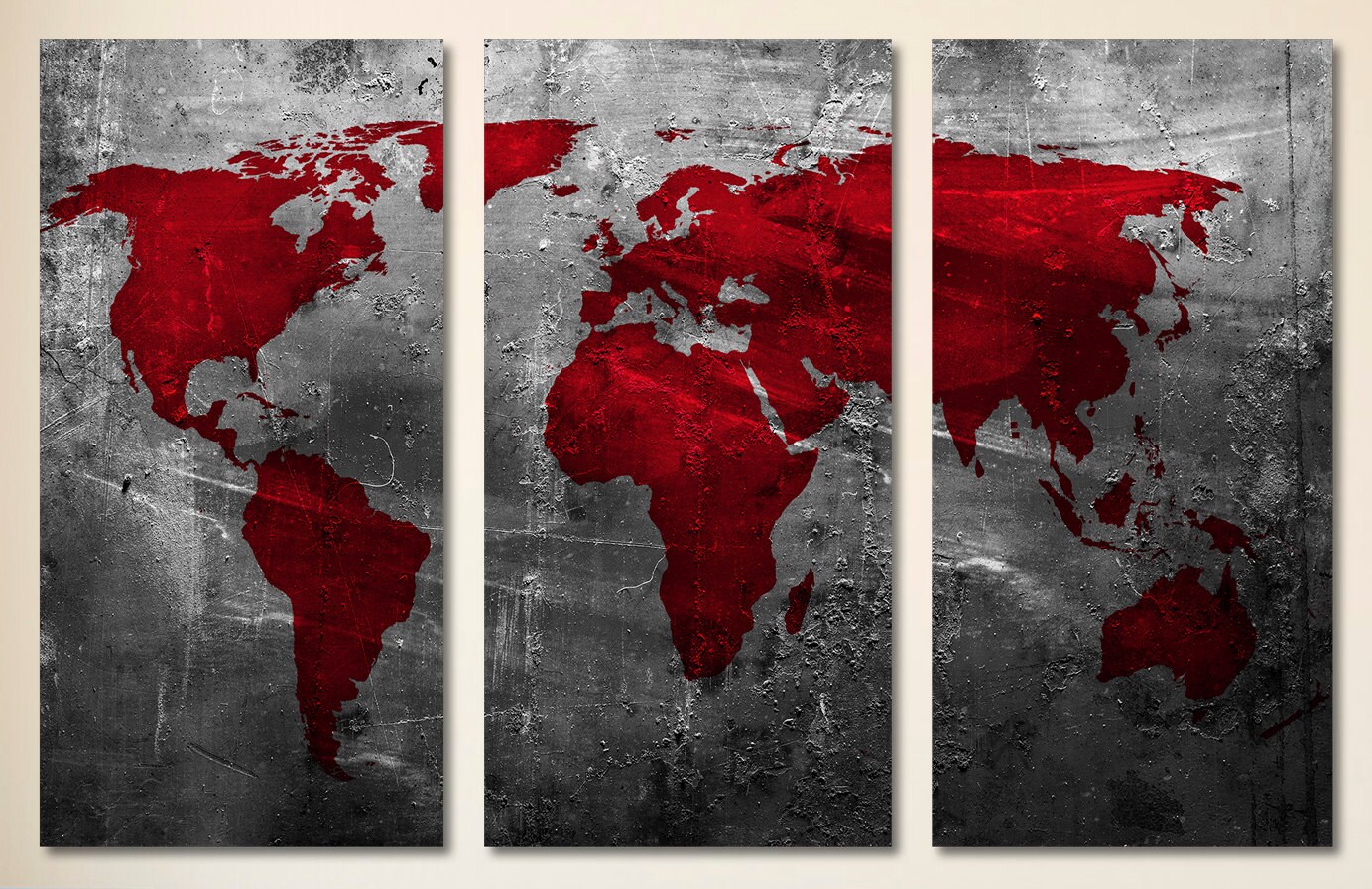 Abstract Deep Red World Map Canvas Print Wall Art 3 Panel - Etsy