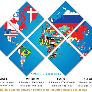 Wold Map of Flags Canvas Print Wall Art, World Map Art, Multi Panel Map ...