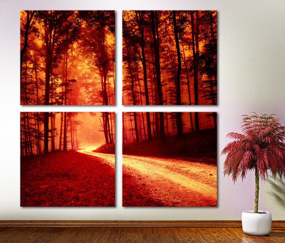 Red Fantasy Forest - 4 Panel Split (quad) Canvas Print. Multi Panel ...