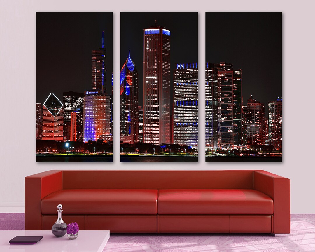 Red Chicago Skyline at Night Canvas Print Triptych, 3 Panel Split ...