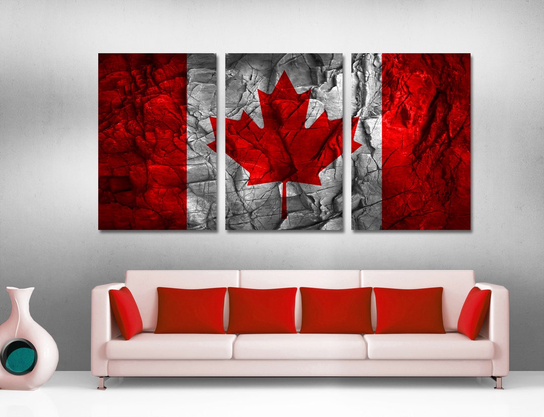 Canada Flag Canvas Print Wall Art Stone Back Effect - 3 Panel Split ...