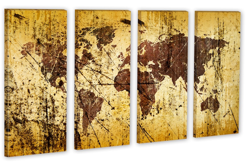 Grunge World Map Canvas Art Print in Aged Gold and Earth Tones for ...