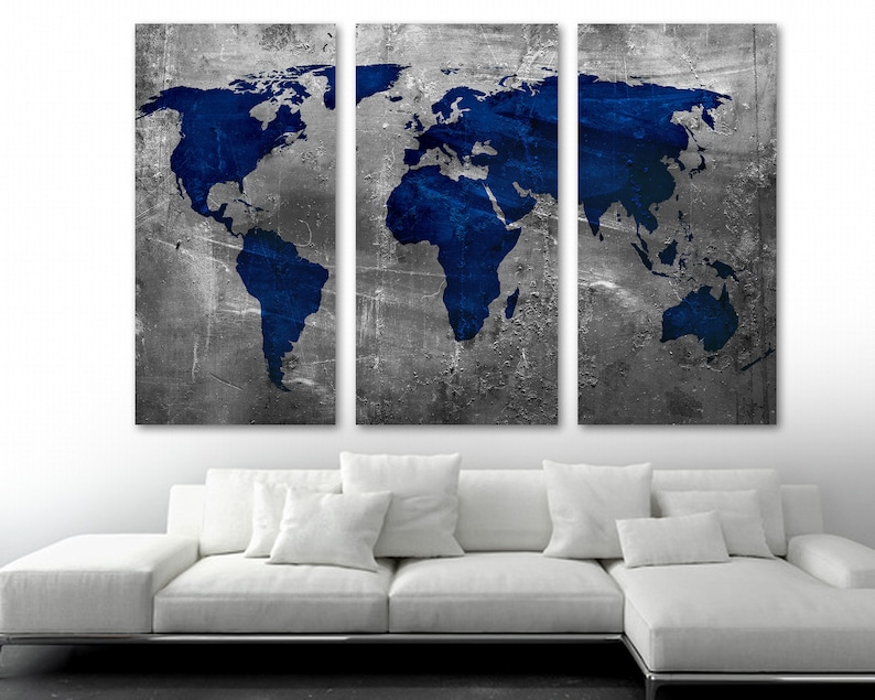 Blue World Map Canvas Print Wall Art Decor. Map of the World - Etsy