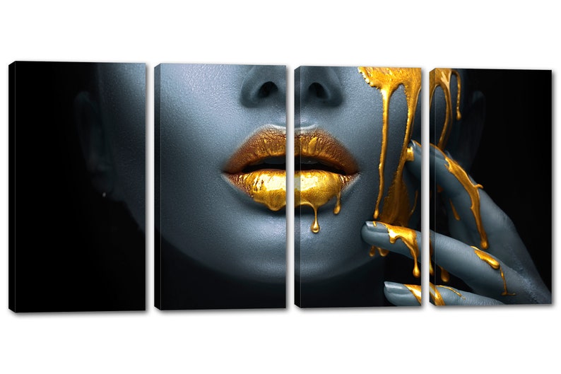Woman Steel Blue Color Face Canvas Print Wall Art, Golden Paint ...
