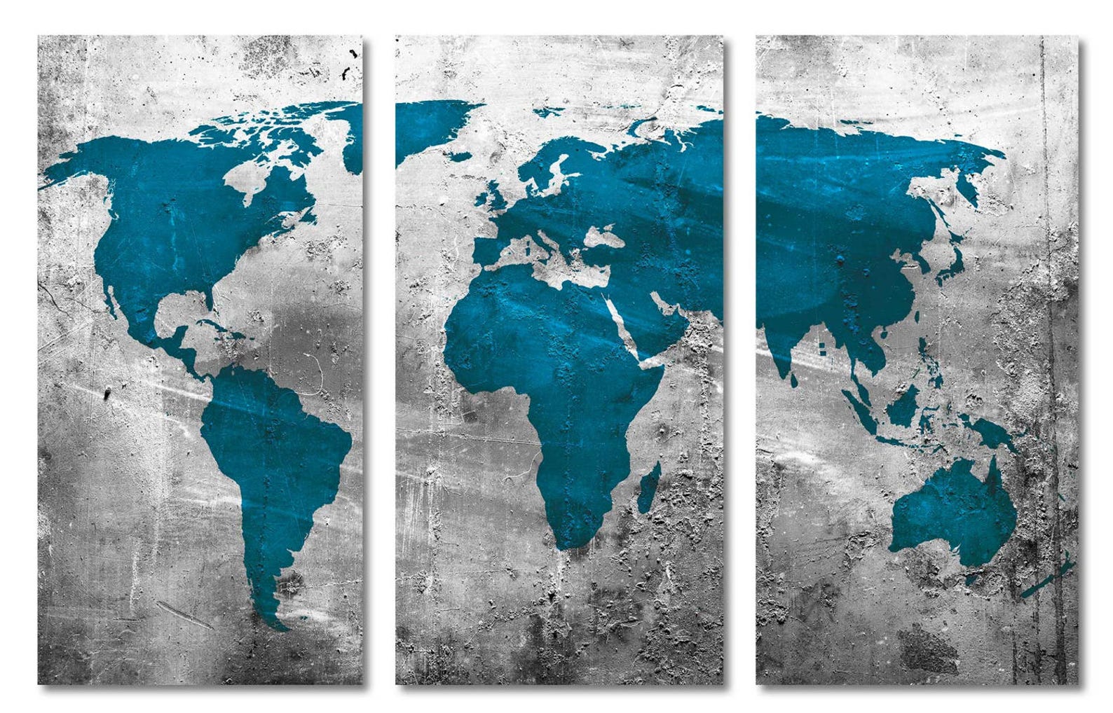 Silver and Teal Blue World Map Canvas Print. 3 Panel Split - Etsy
