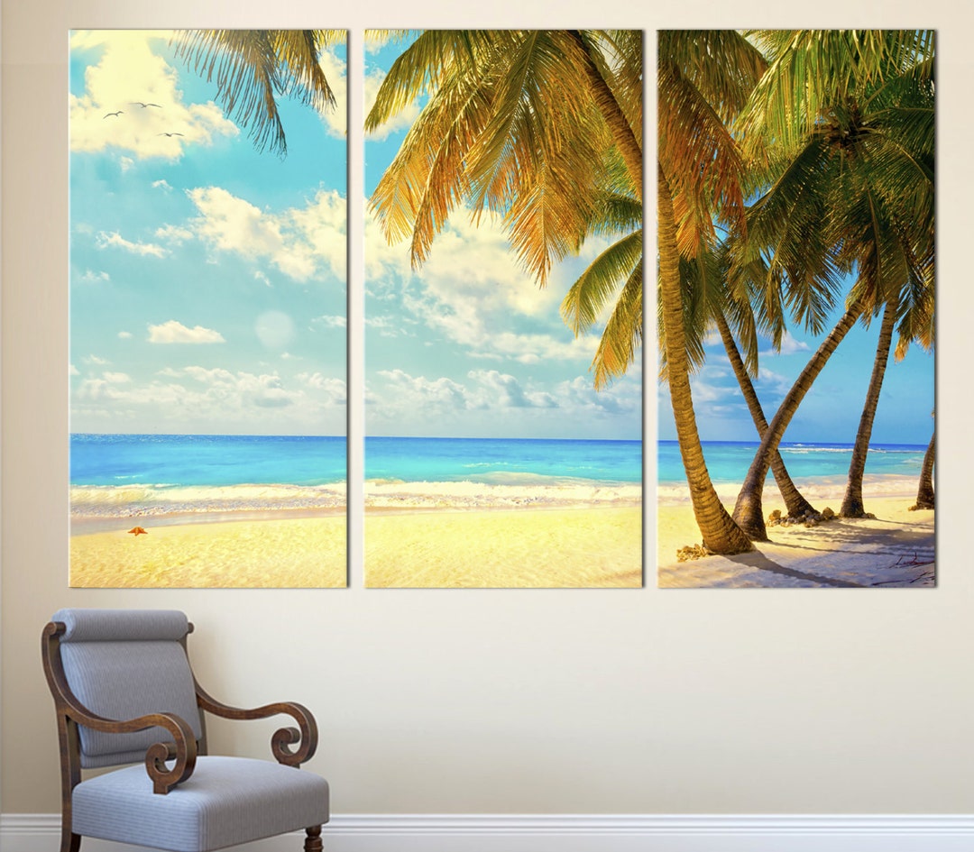 Blue Skies & Palm Trees Beach Scene. Triptych Canvas Print. 3 Panel ...